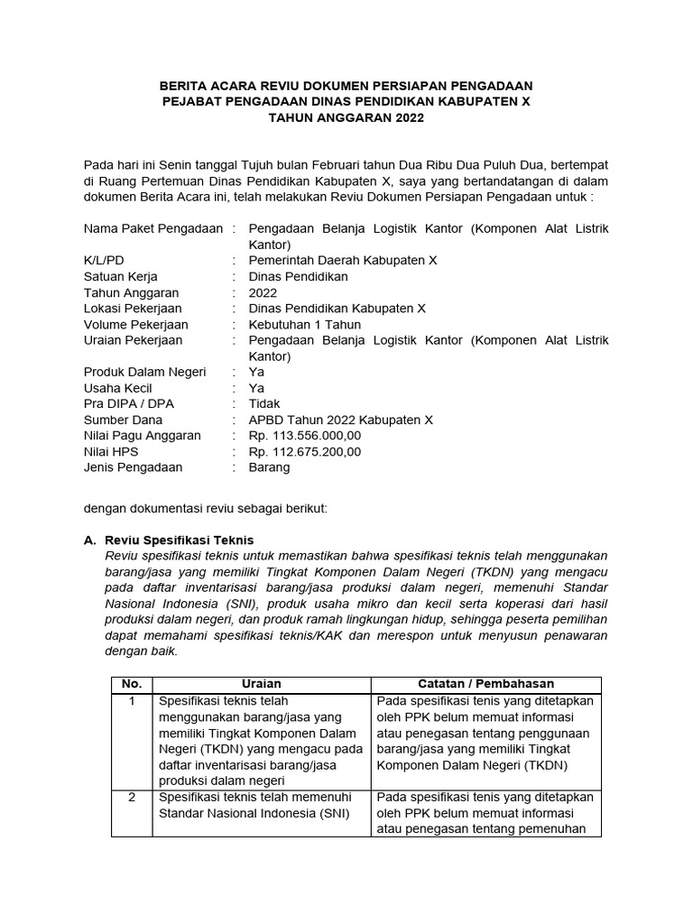 Contoh BA Reviu DPP Pengadaan Langsung - Barang (Tidak Bertemu) | PDF