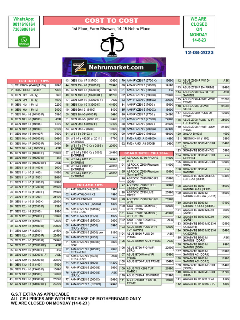 Cost to Cost Price List - Nehru Place | PDF