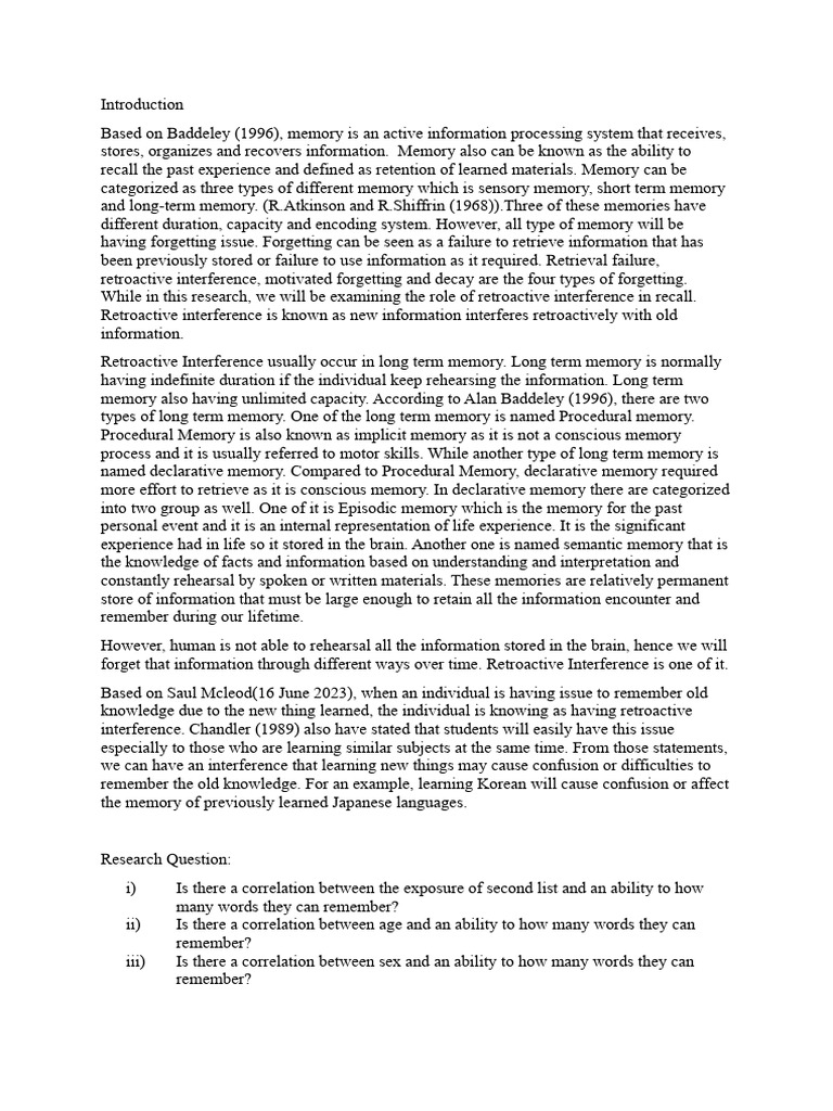 Psychology Research Introduction | PDF | Memory | Long Term Memory