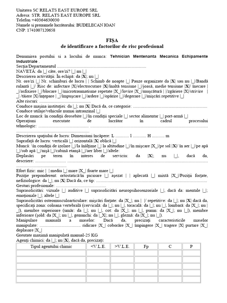 Fisa de Identificare A Factorilor de Risc Profesional - NOUA - MUNCITOR ...