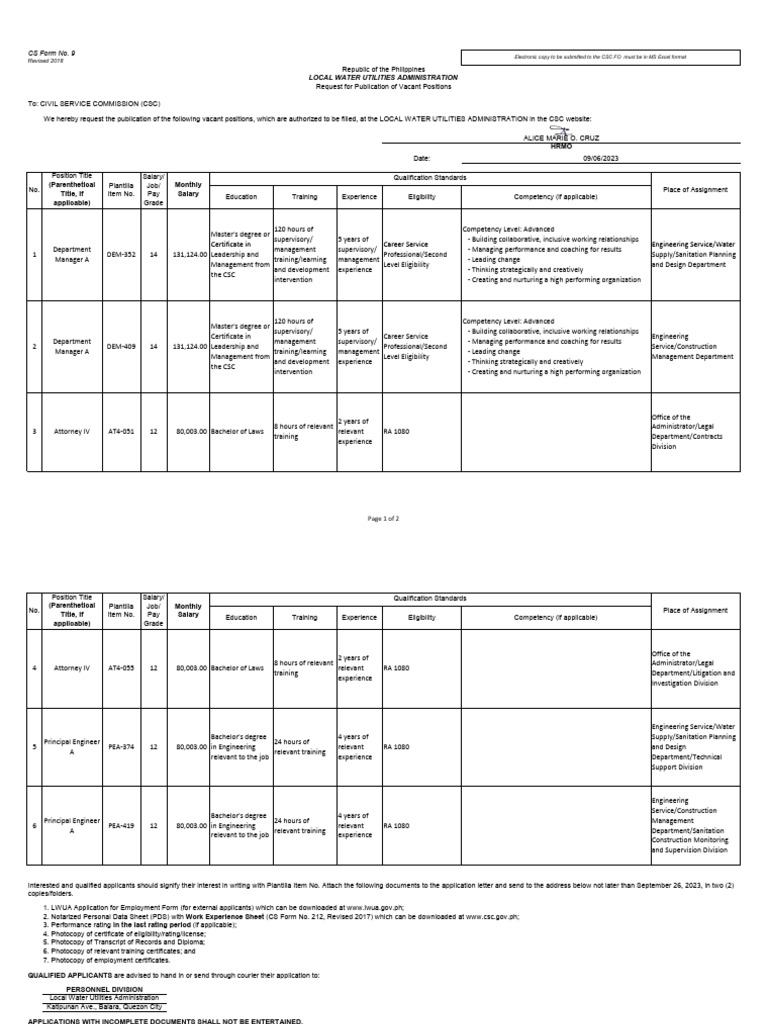 Publication of Vacant Positions (6 September 2023) - Batch 48 | PDF