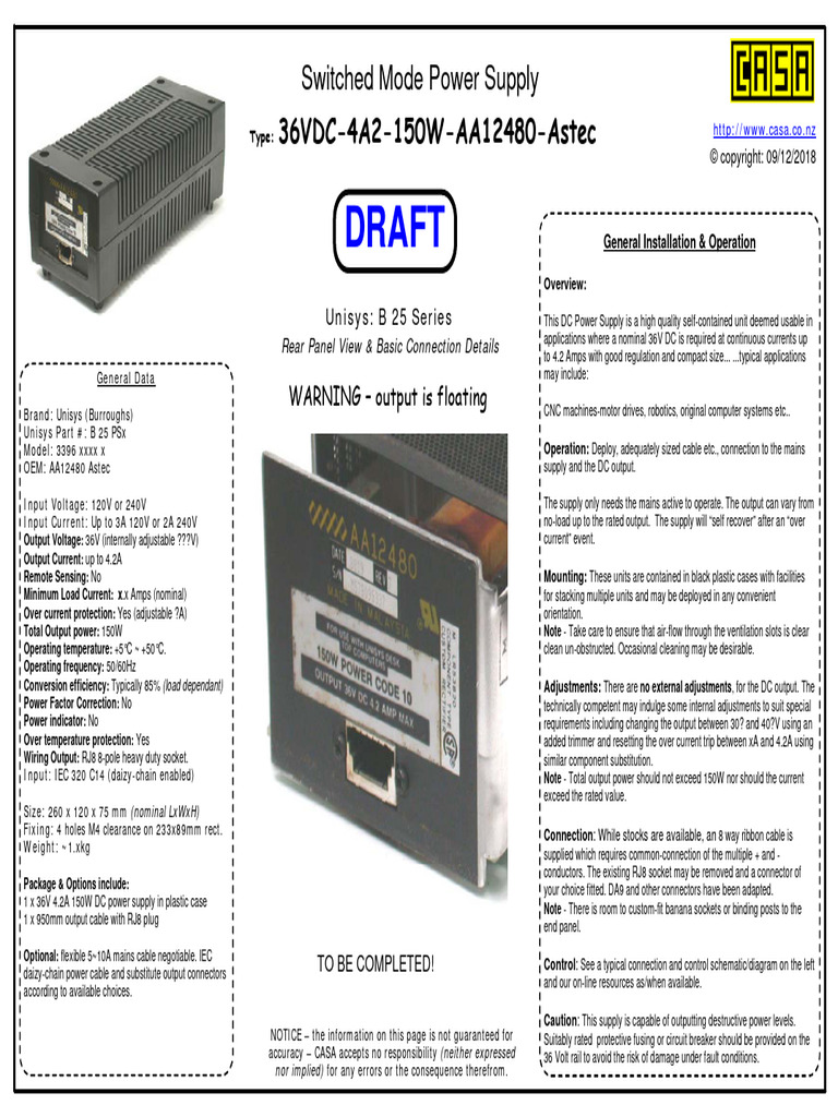 36V 4A2 150W AA12480 Astec Deployment | PDF