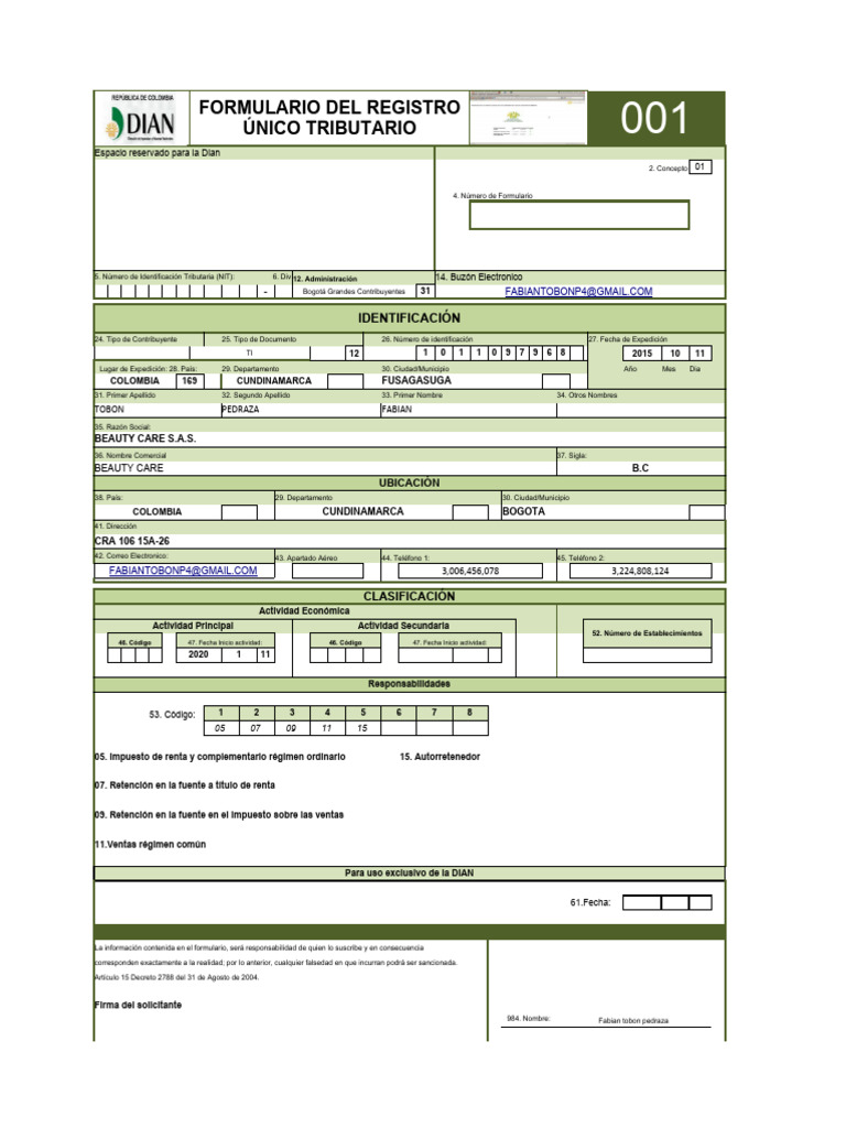 Formulario Del Registro Único Tributario: Identificación | PDF | Bogotá