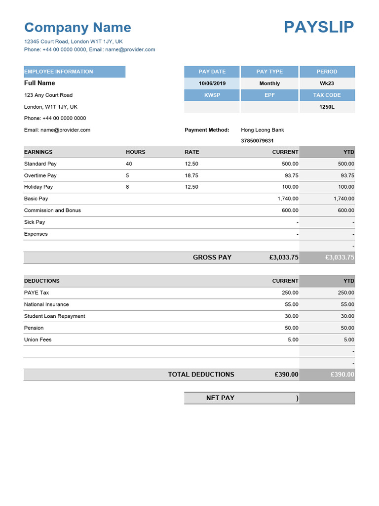 Payslip Template | PDF | Paycheck | Worksheet