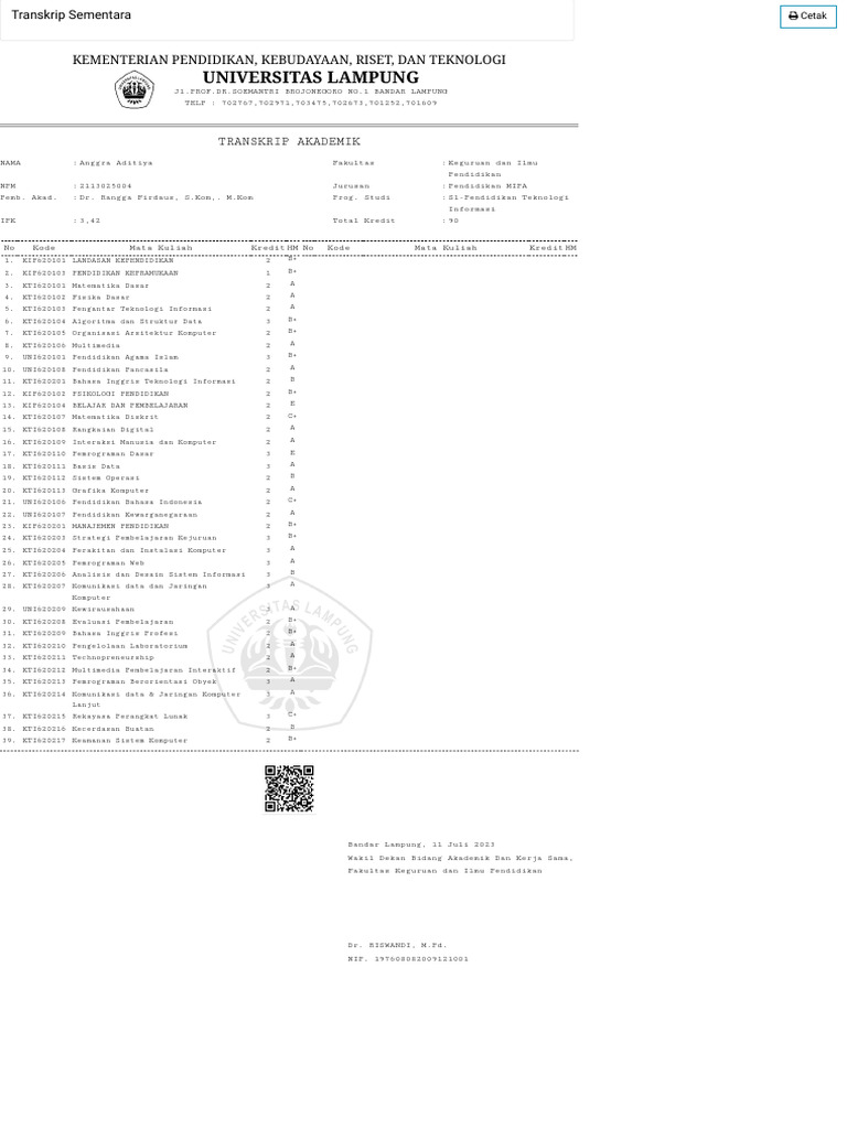 Transkrip Akademik Anggra Aditiya | PDF