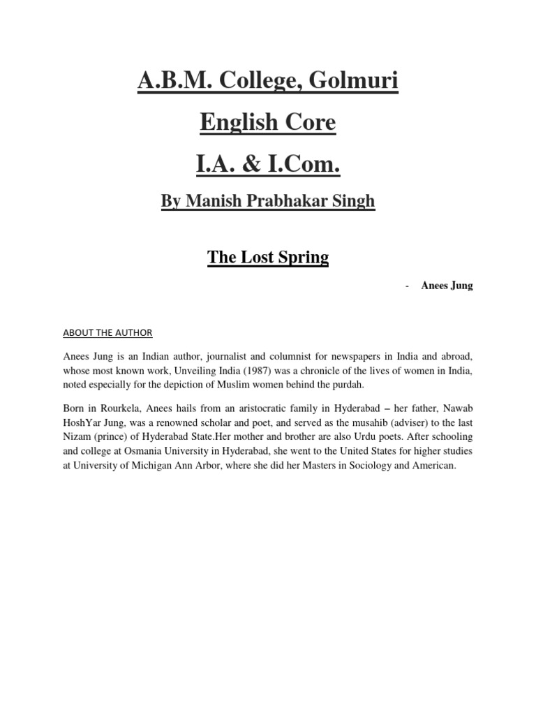 The Lost Spring (English Core) Class 12 I.A. I.com. a.B.M. Colleege | PDF