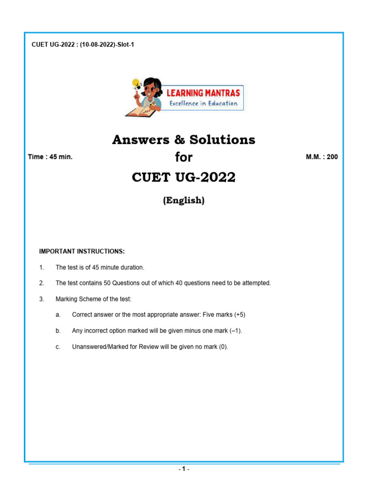 CUET 2022 PYQ English (3 Sets) | PDF | Clause | Sentence (Linguistics)
