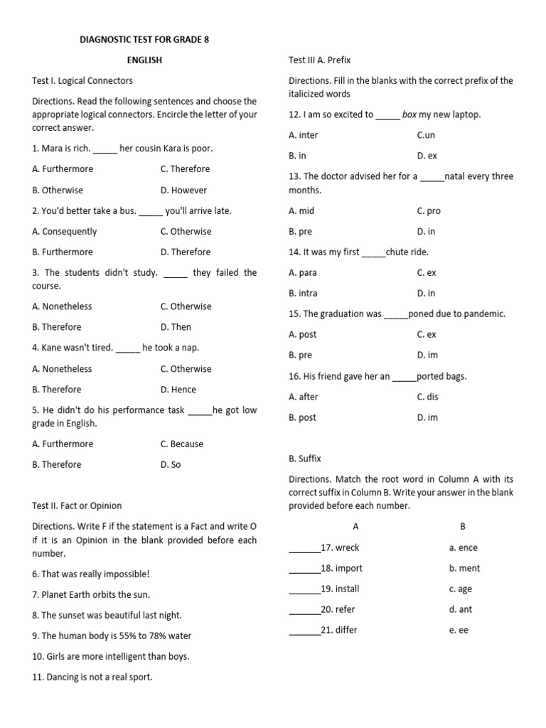 DIAGNOSTIC-TEST-FOR-GRADE-8 | PDF