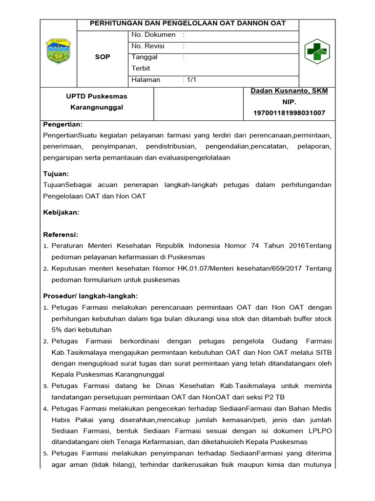 Sop Perhitungan Dan Pengelolaan Oat Dan Non Oat | PDF