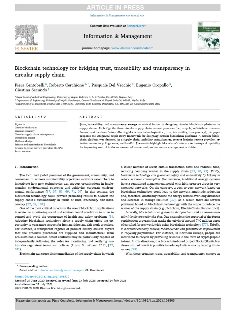 Blockchain Technology For Bridging Trust, Traceability and Transparency in Supply Chain | PDF ...