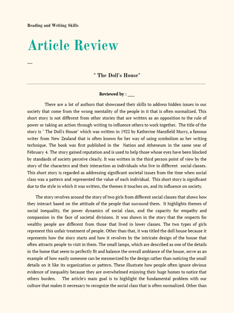 Article Review - (A Doll's House) - Katherine Mansfield | PDF