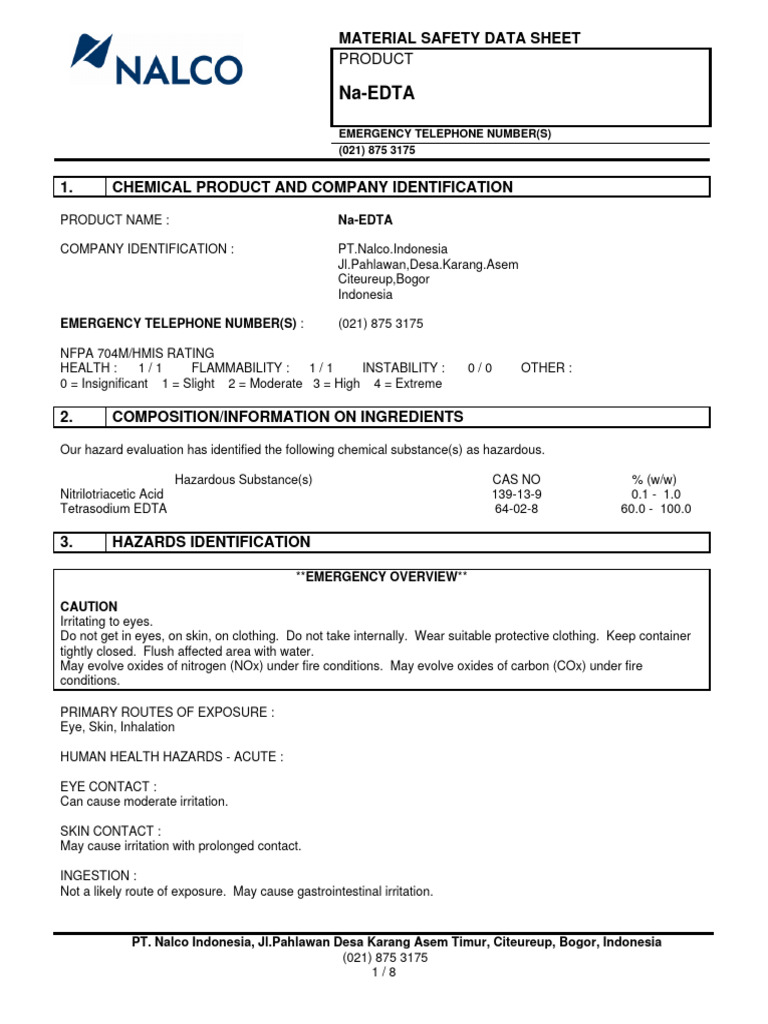 MSDS of 4Na-EDTA | PDF | Personal Protective Equipment | Hazardous Waste