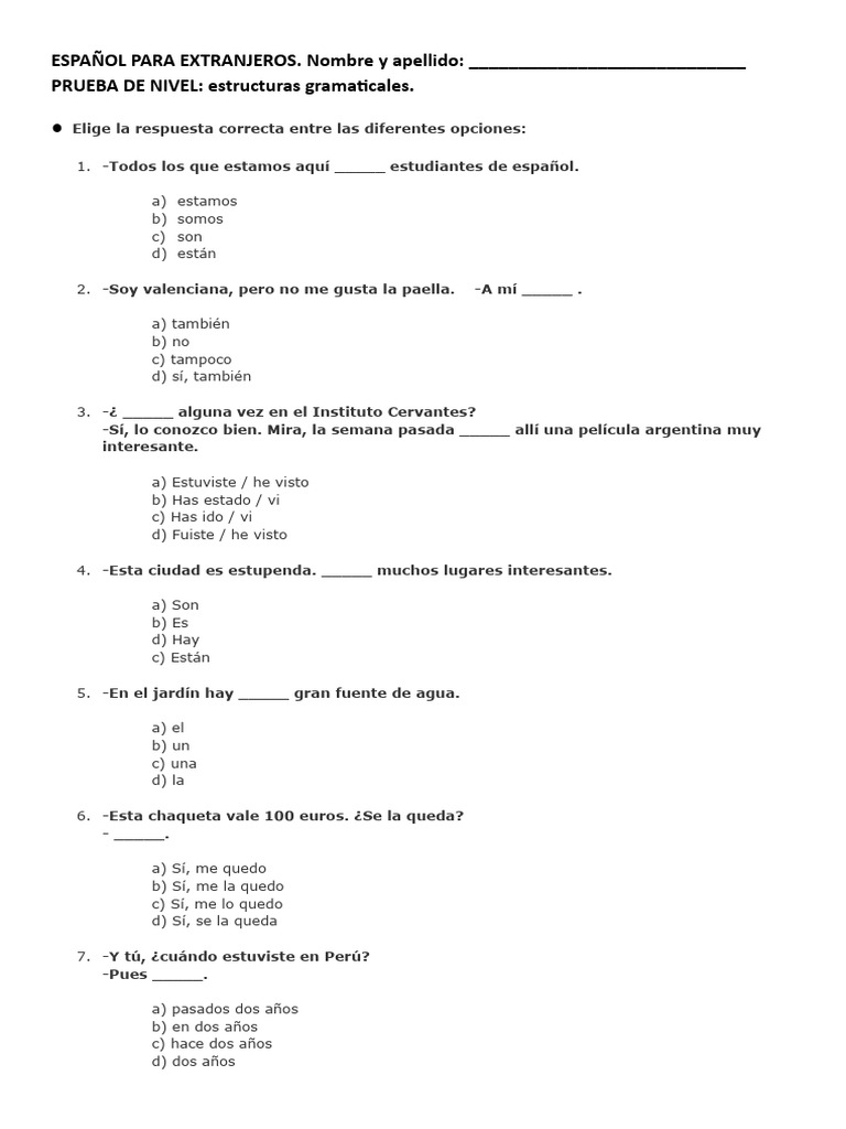 PRUEBA DE NIVEL. PARTE 1. Estructuras. | PDF
