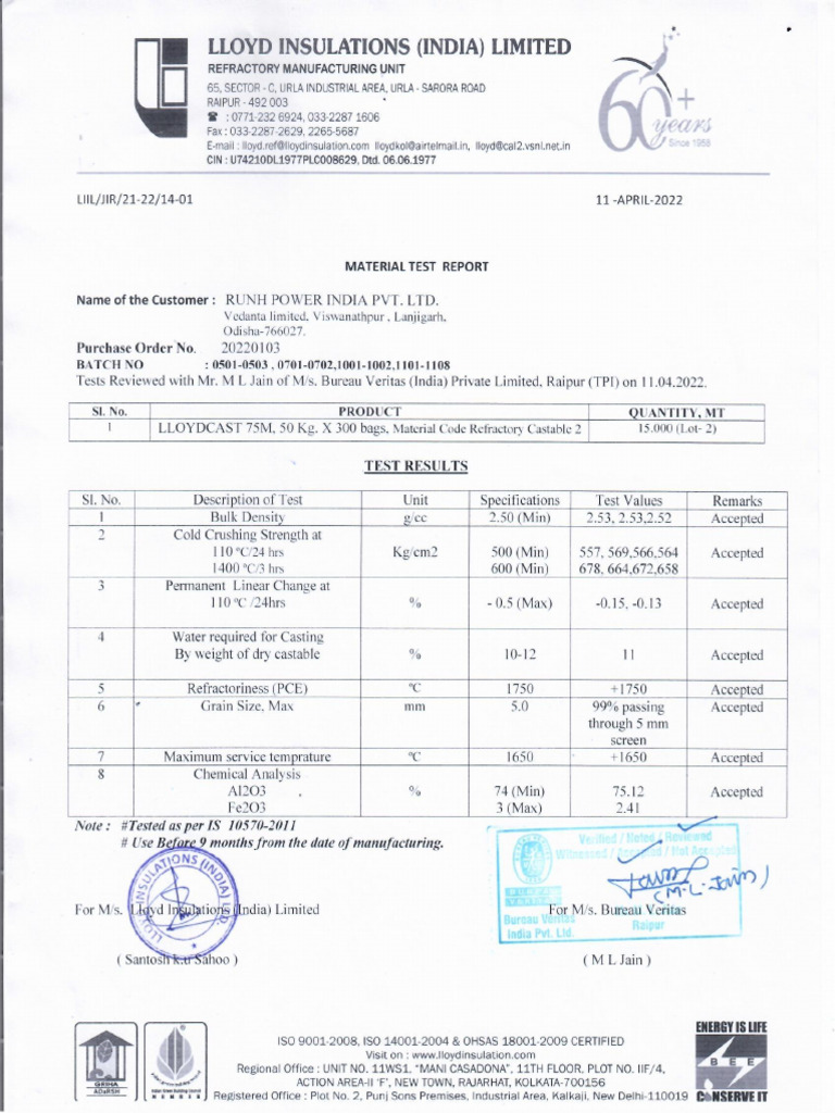 Material Test Report Refractory | PDF