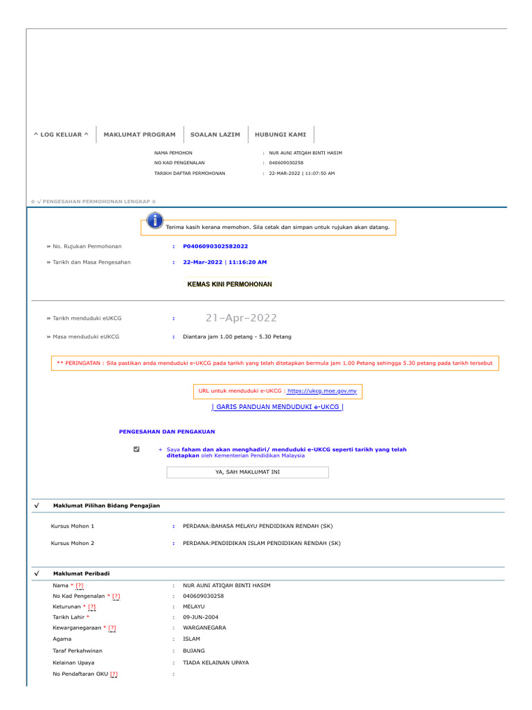 PISMP 2022 - Kementerian Pendidikan Malaysia Auni | PDF