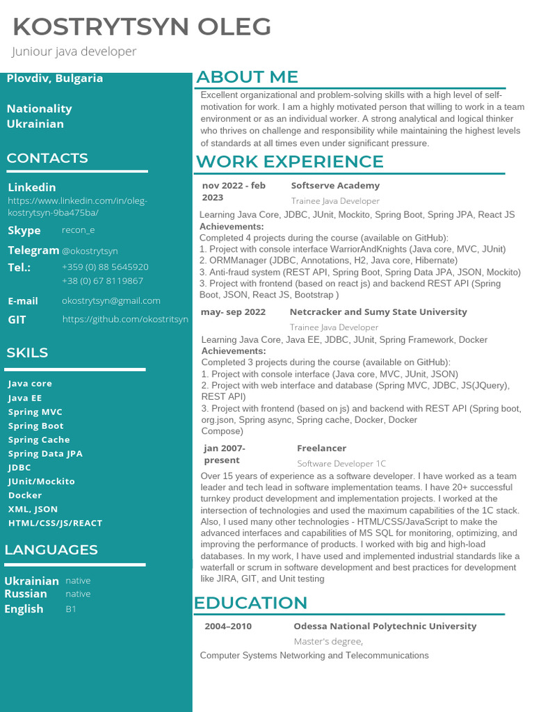 Kostrytsyn Java CV | PDF | Spring Framework | Computer Engineering