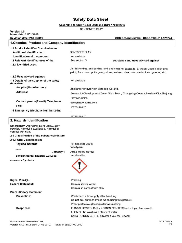 MSDS Bentonite | PDF