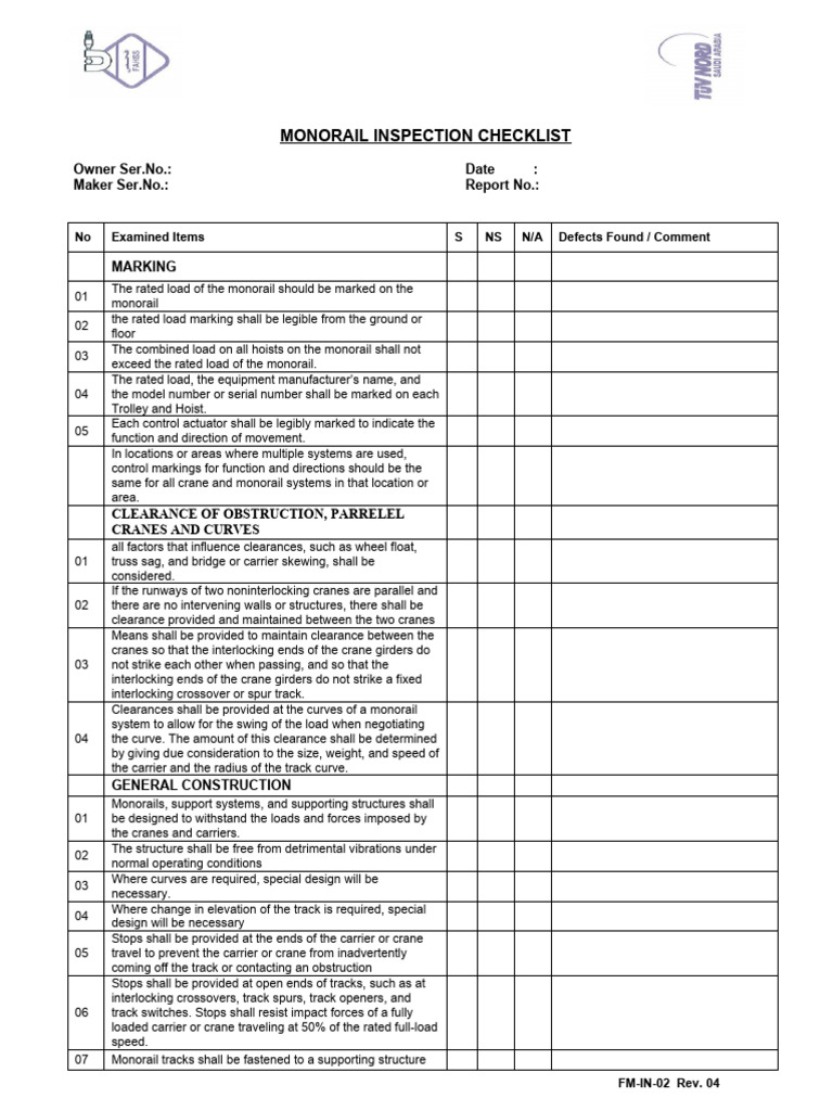 FM-IN-02 Monorail CHECKLIST | PDF