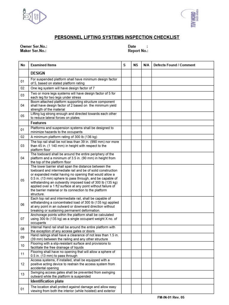FM-IN-01 Rev 04 PERSONNEL LIFTING SYSTEMS CHECKLIST | PDF