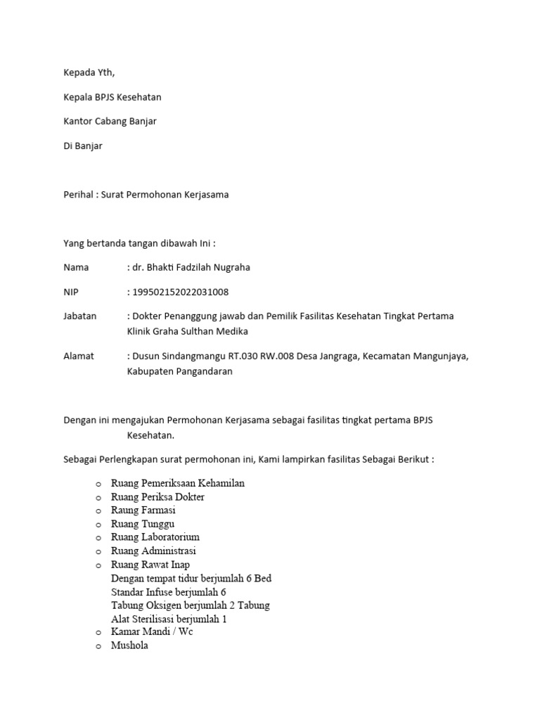Surat Permohonan Kerjasama BPJS | PDF