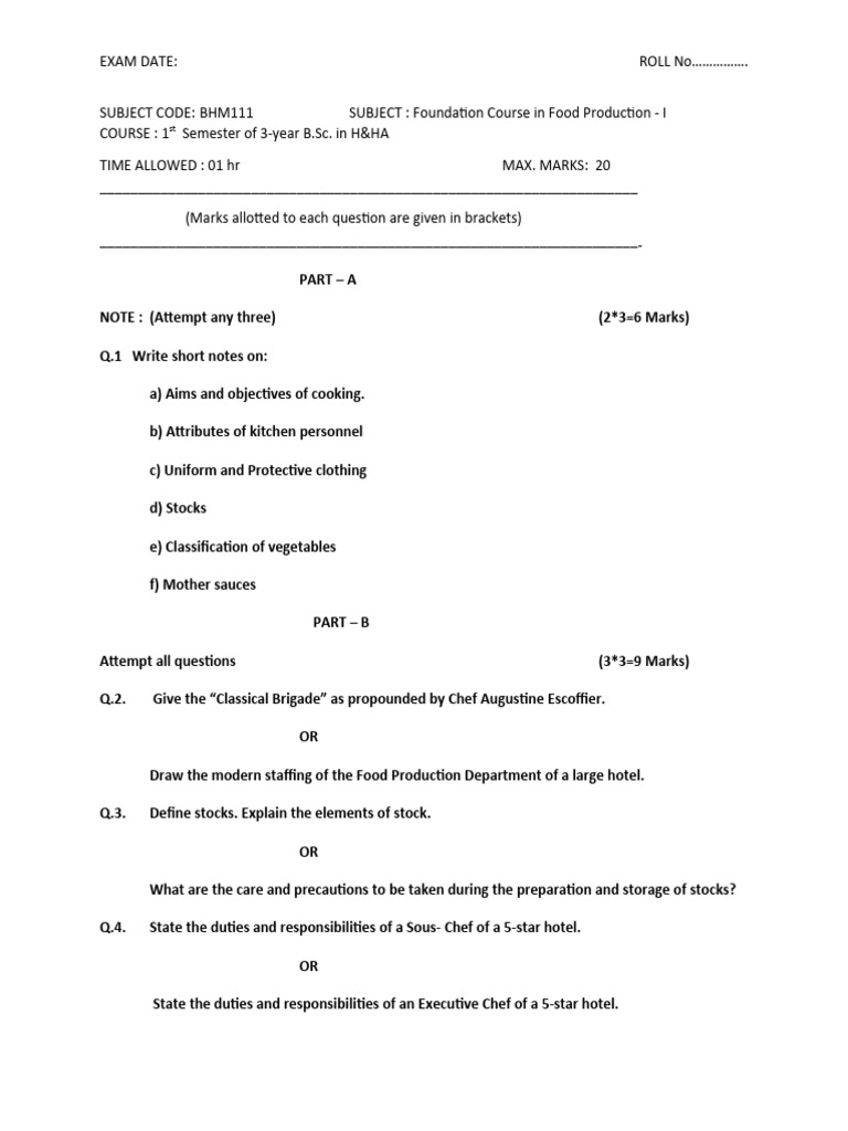 Food Production Question Paper 2023-24 1st Sem | PDF