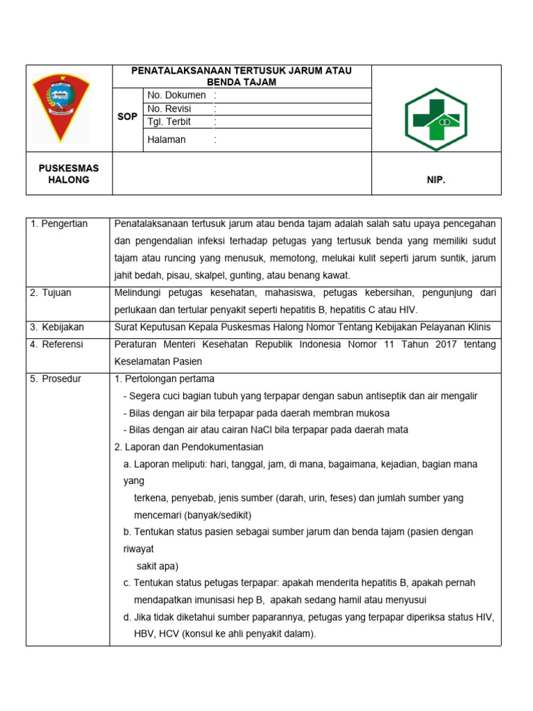 SOP Tertusuk Jarum Atau Benda Tajam | PDF SOP Tertusuk Jarum Atau Benda Tajam | PDF