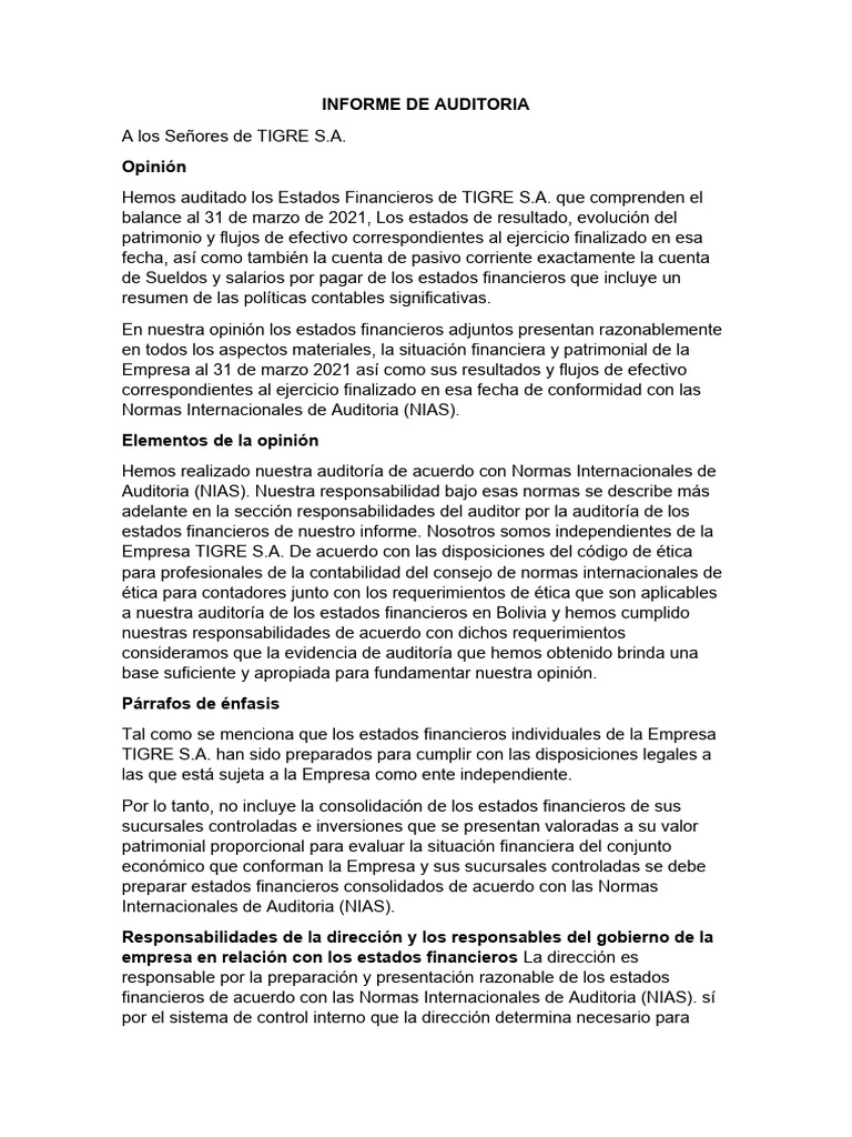 Informe de Auditoria Financiera ( | PDF | Auditoría | Estado financiero