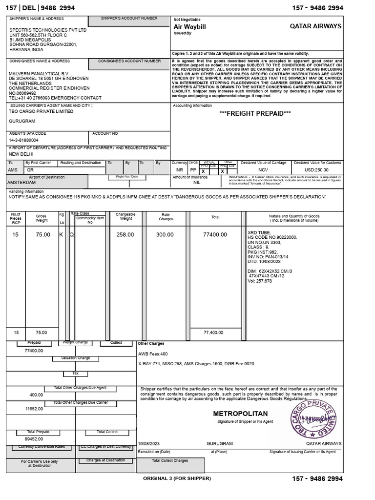 Air Waybill Qatar Airways: Original 3 (For Shipper) | PDF