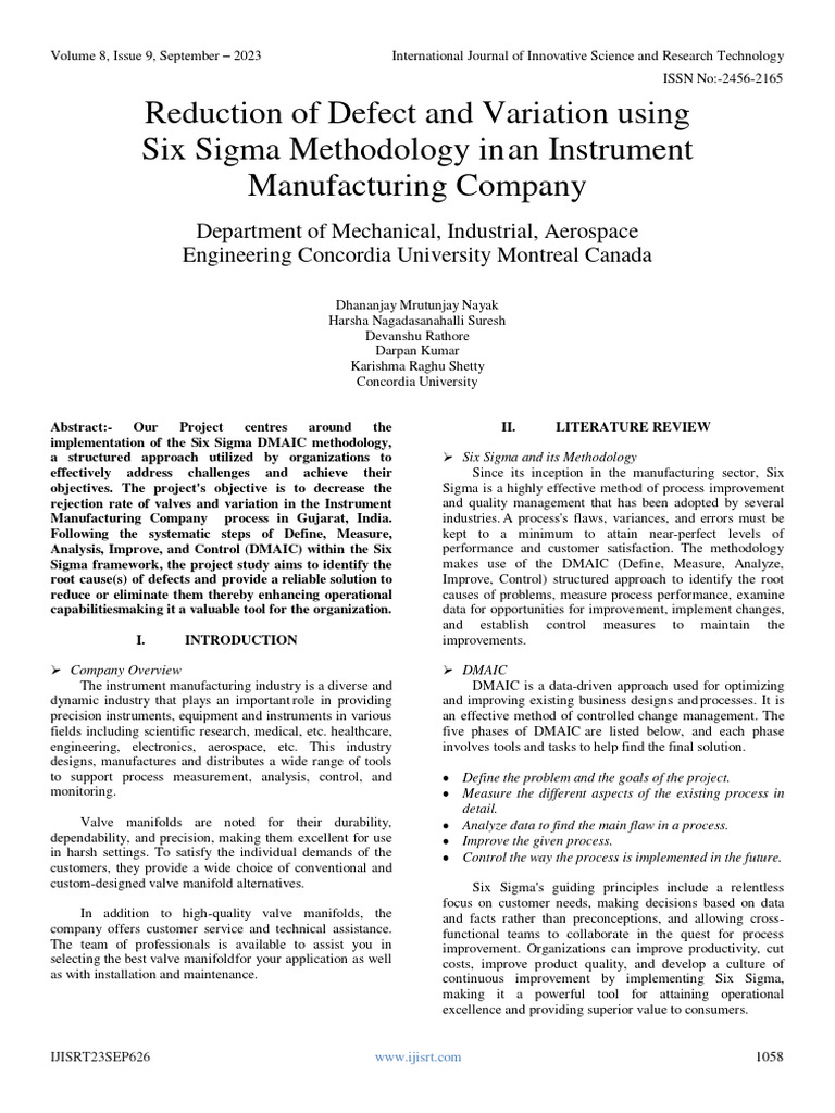 Reduction Of Defect And Variation Using Six Sigma Methodology Inan Instrument Manufacturing