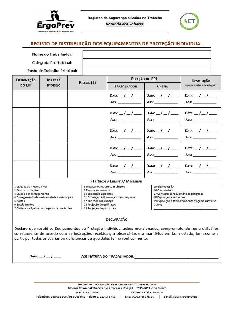 Registo Entrega EPI's | PDF | Segurança e saúde ocupacional | Segurança