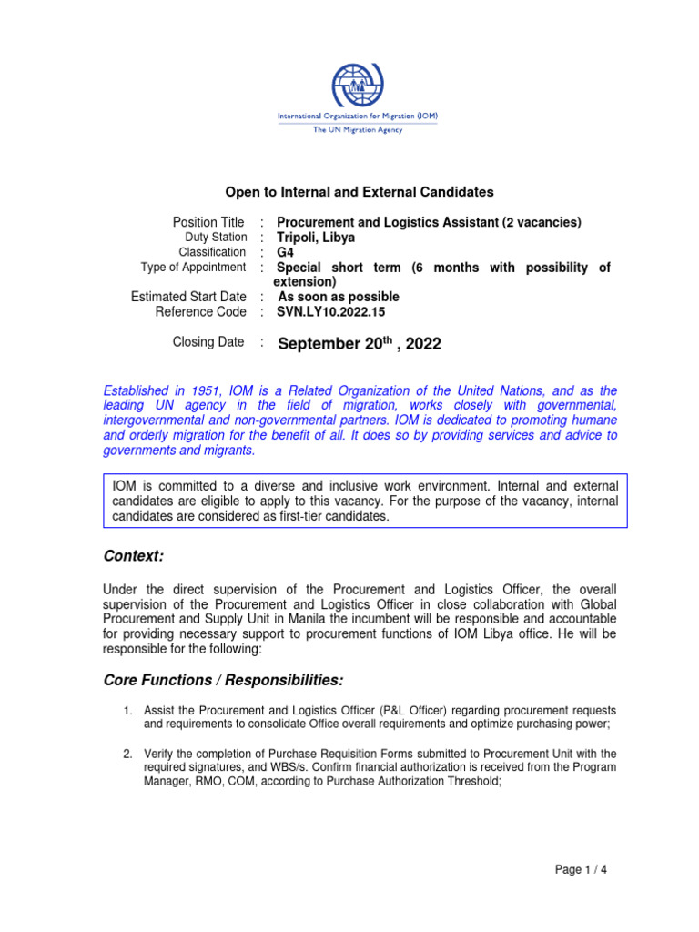 SVN Ly10 2022 15 Procurement And Logistics Assistant G4 IOM Libya