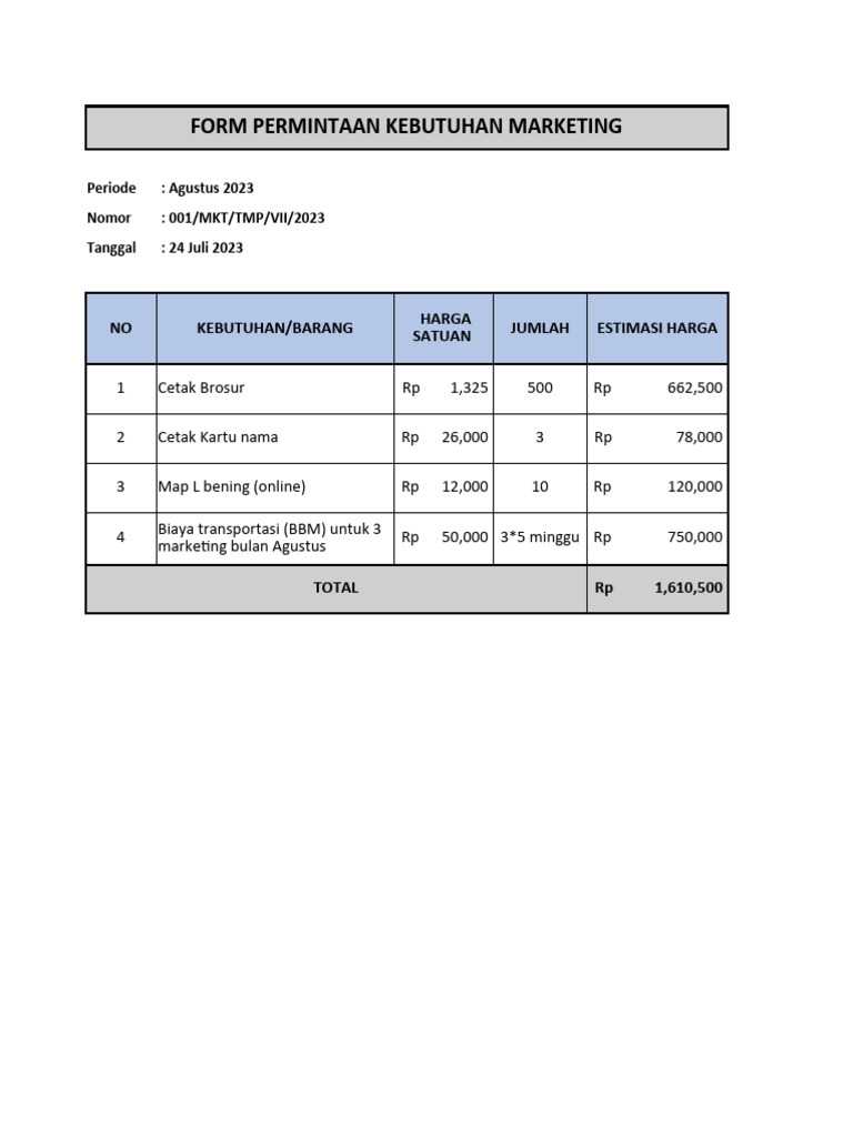 Form Pengajuan Kebutuhan Marketing | PDF