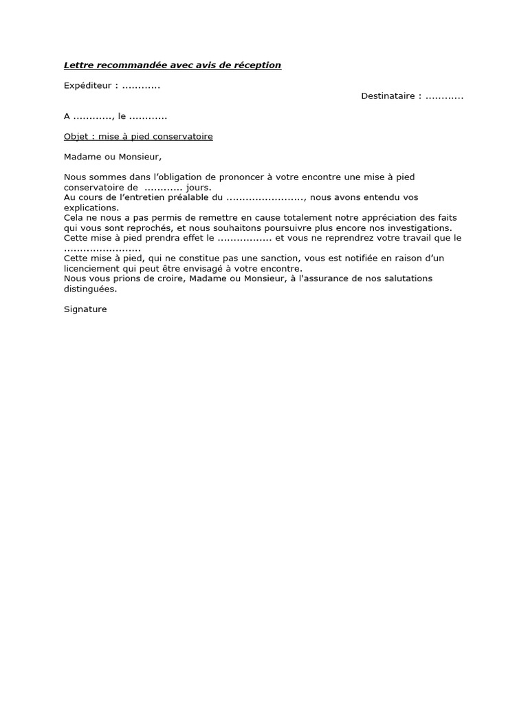 Lettre de Mise A Pied Conservatoire Legisocial A6c5fe | PDF Lettre de Mise A Pied Conservatoire Legisocial A6c5fe | PDF