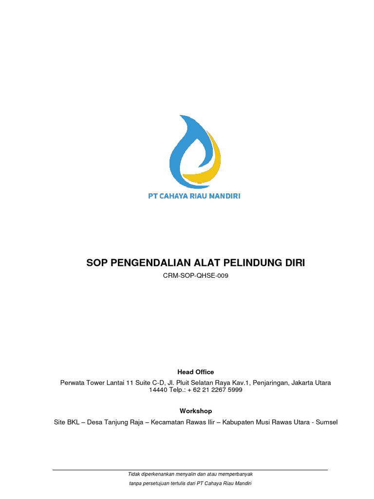 CRM-SOP-QHSE-009 SOP Pengendalian Alat Pelindung Diri | PDF