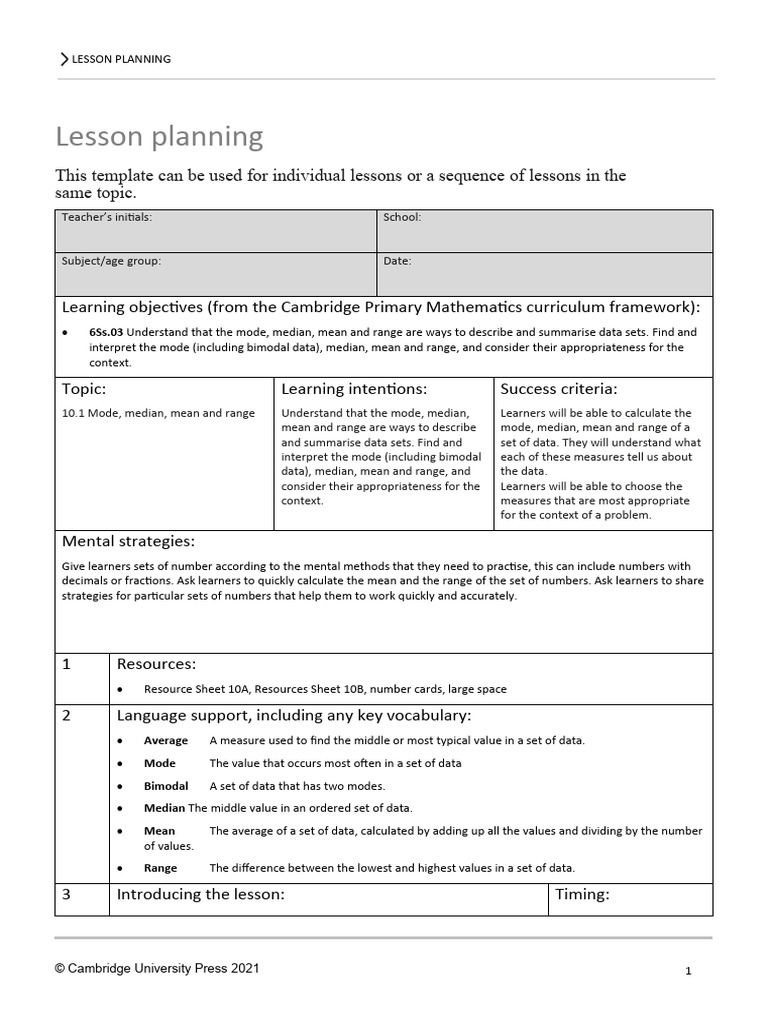 Prim Maths 6 2ed TR Example Lesson Plan 2 | PDF