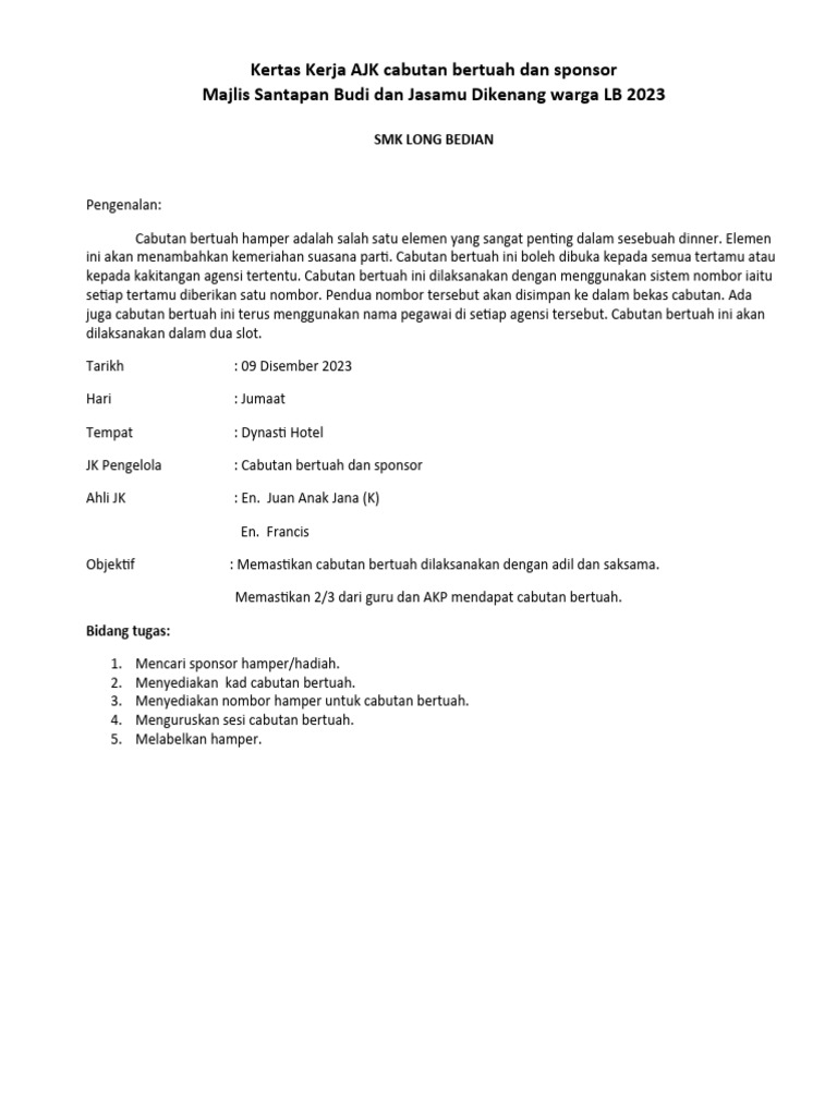 Sample Kertas Kerja AJK | PDF