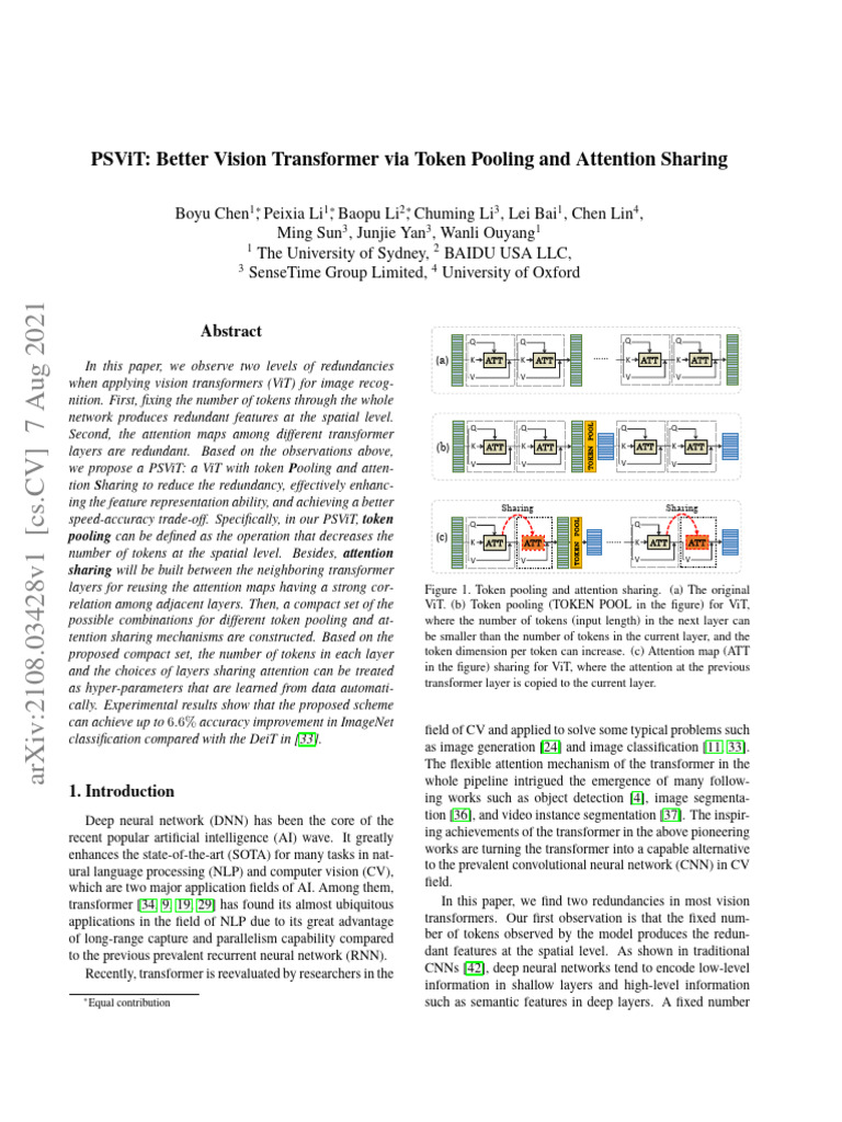 Better Vision Transformer Via Token Pooling and Attention Sharing | PDF