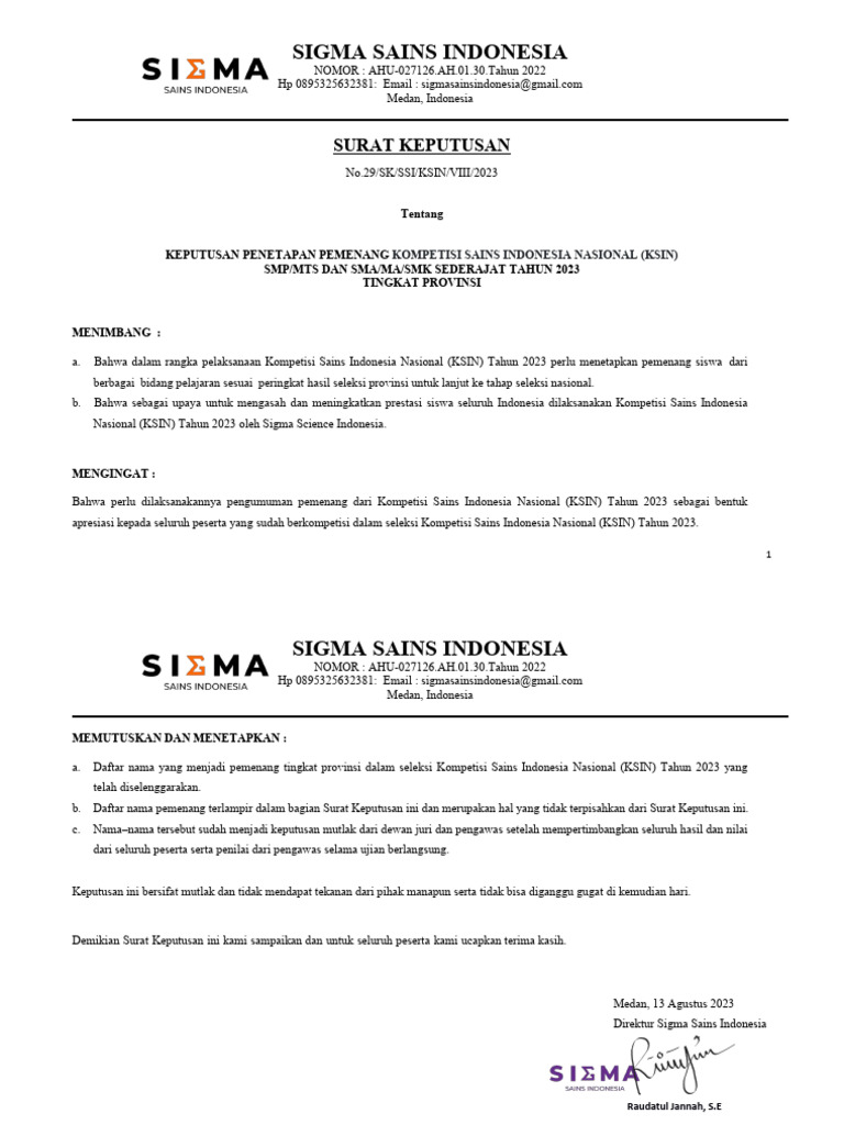 Pengumuman Ksin SMP & Sma Tingkat Provinsi | PDF