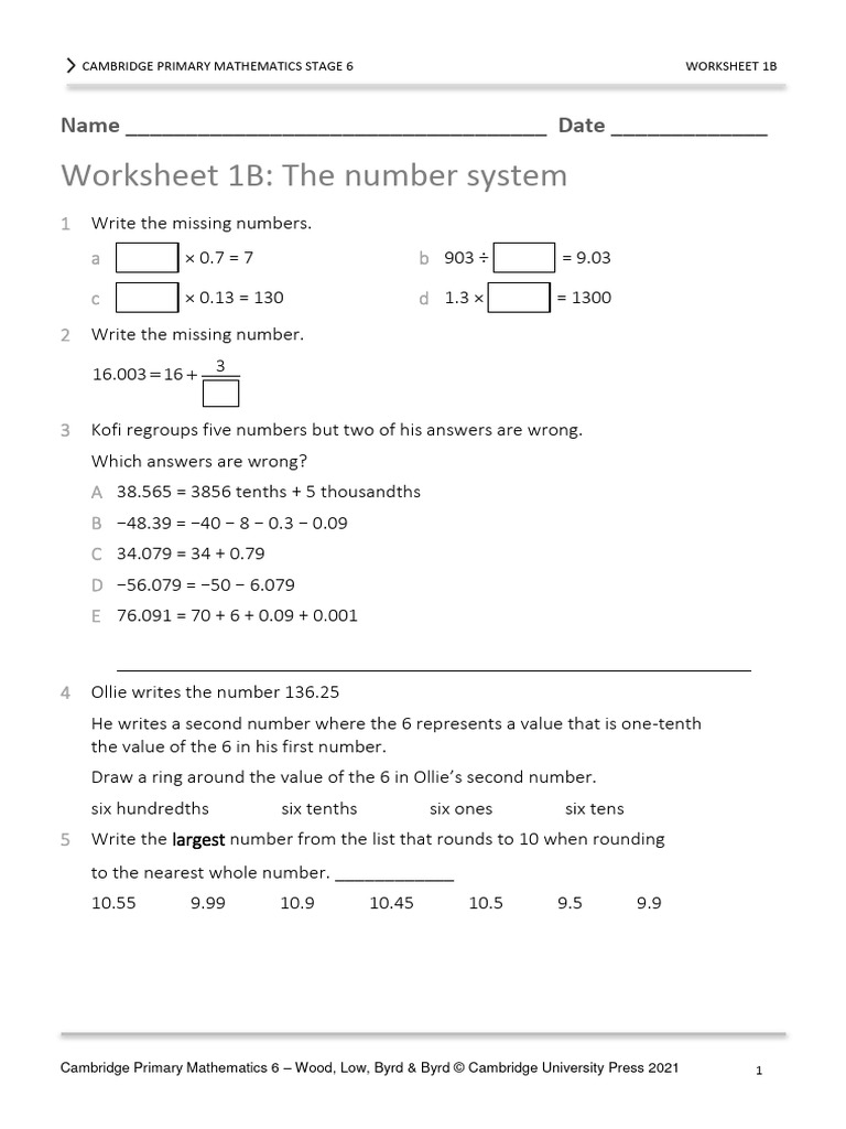 Prim Maths 6 2ed TR Diff Ws 1b | PDF