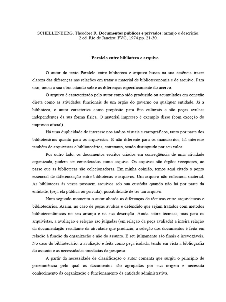 SCHELLENBERG, Theodore R. Documentos Públicos e Privados: Arranjo e ...