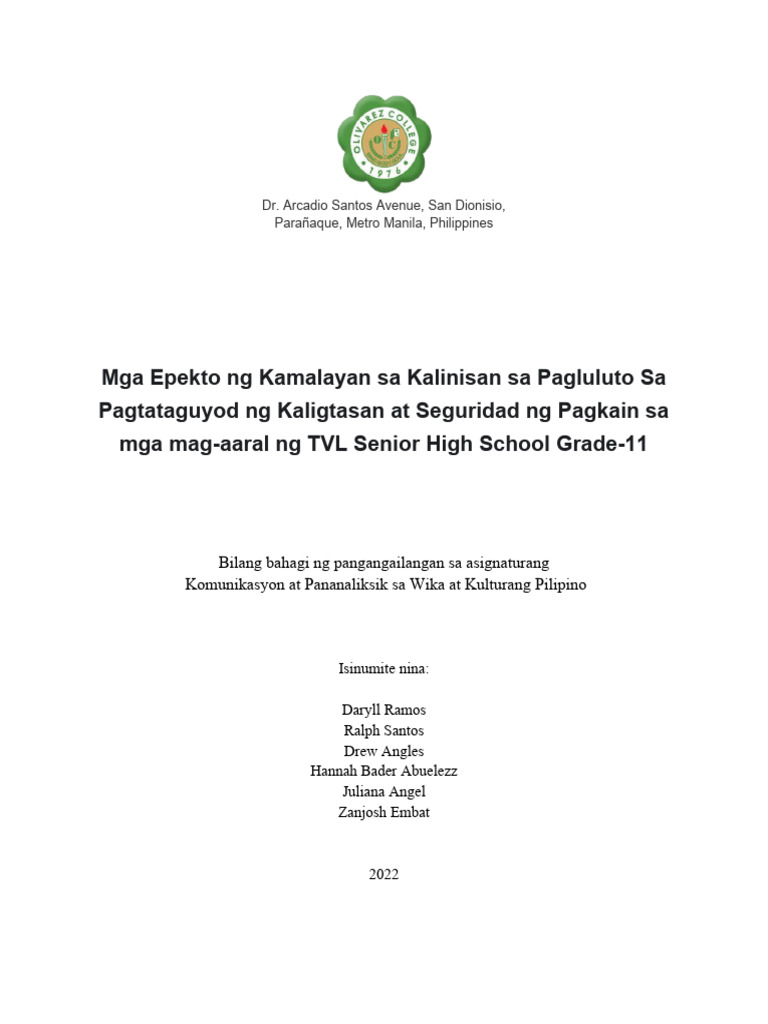 Mga Epekto NG Kamalayan Sa Kalinisan Sa Pagluluto Sa Pagtataguyod NG Kaligtasan at Seguridad NG ...