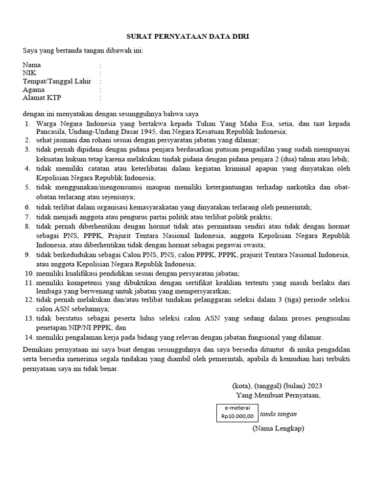 Format Surat Pernyataan Data Diri PPPK 2023 | PDF