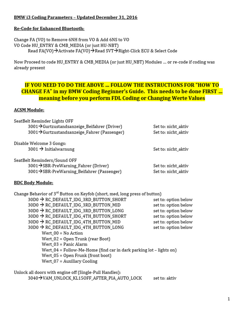BMW Coding Parameters - I01 - For i3 Series V2 | PDF