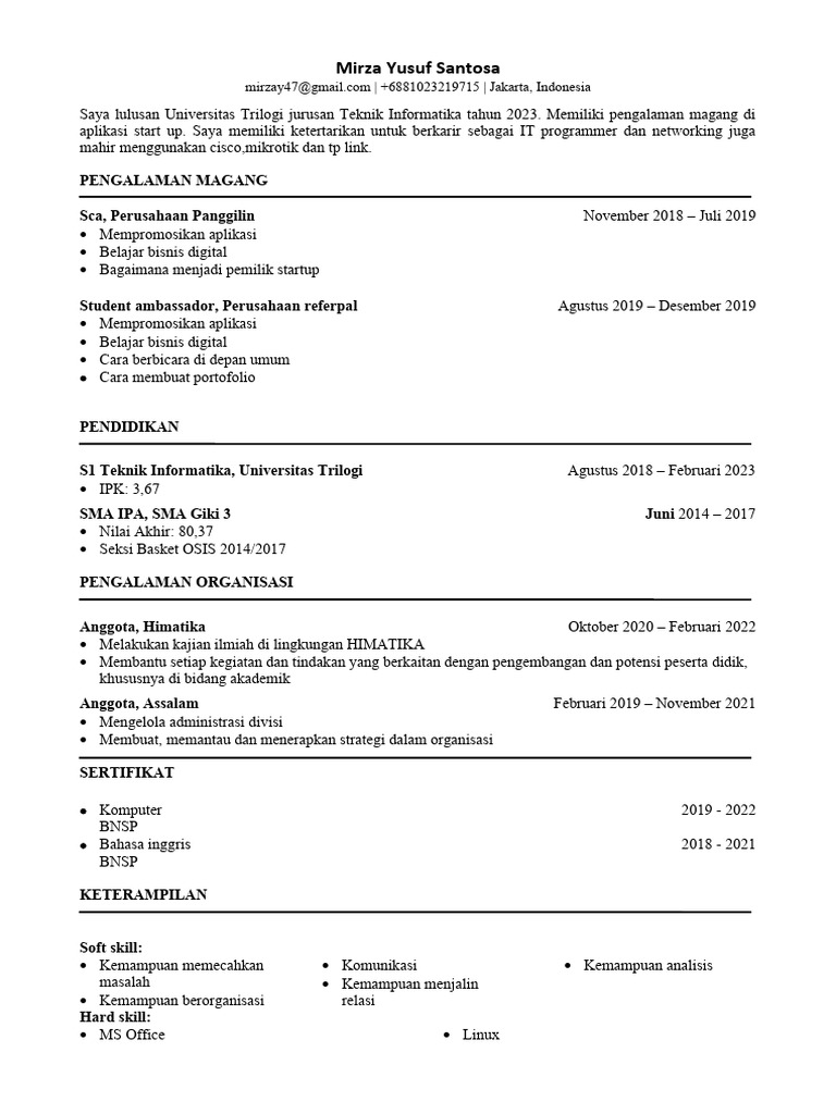 CV Teknik Informatika untuk Admin IT | PDF | Seni | Komputer