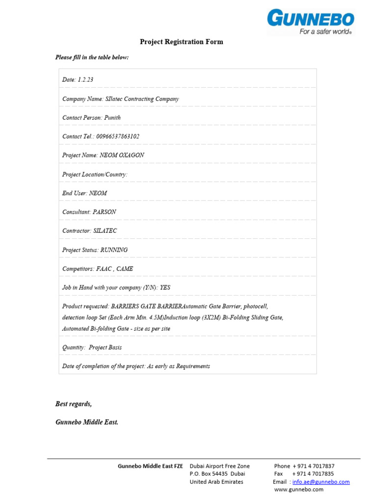 Gunnebo Project Registration Form1 | PDF | Business | Technology & Engineering