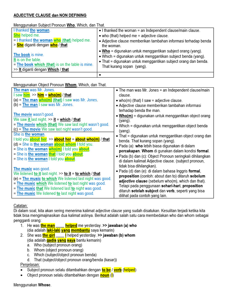ADJECTIVE CLAUSE NON DEFINING Who Whom Whic That Whose Where When | PDF ...