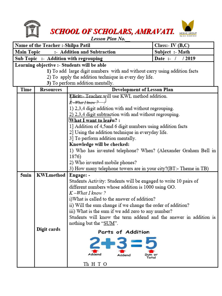 Addition and Subtraction Lesson Plan | PDF | Subtraction | Lesson Plan