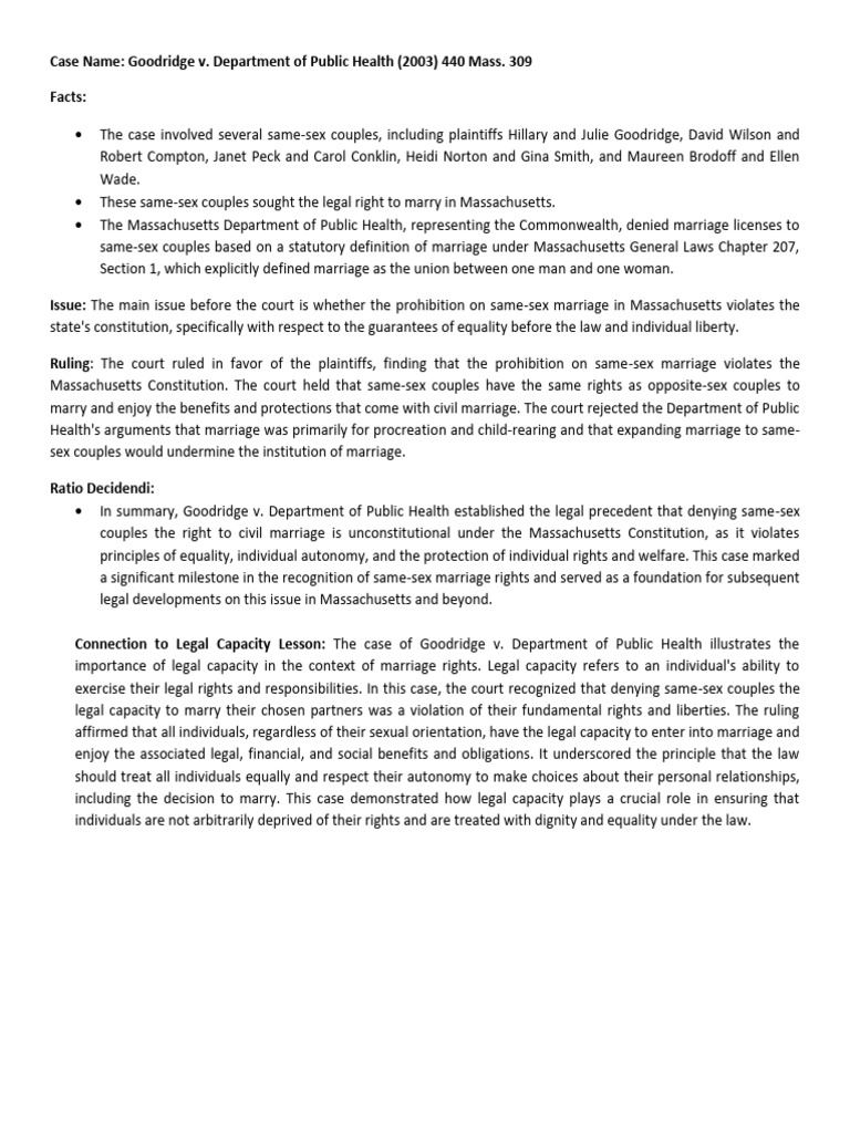 Case #12 Goodridge v. Department of Public Health (2003) 440 Mass. 309 ...