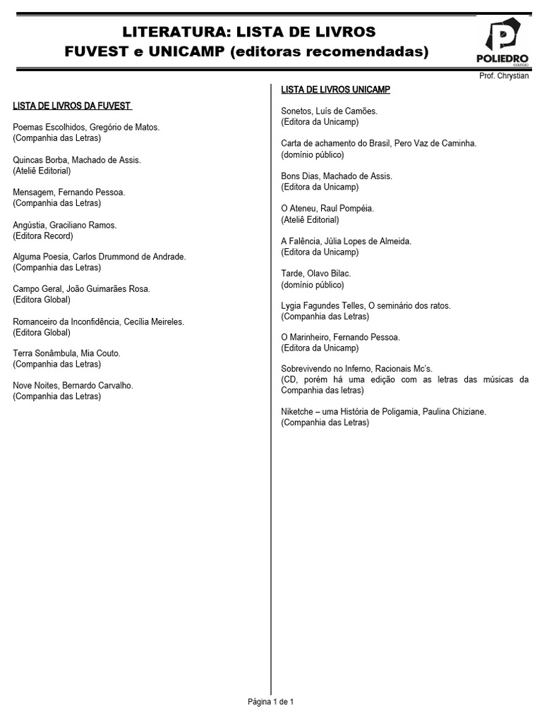 Lista de Livros - Fuvest e Unicamp | PDF