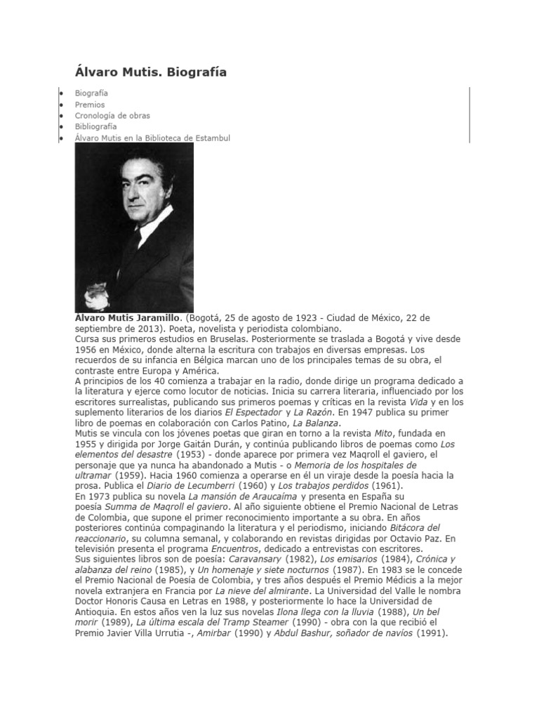 Biografía de Álvaro Mutis: Vida y Obras | PDF